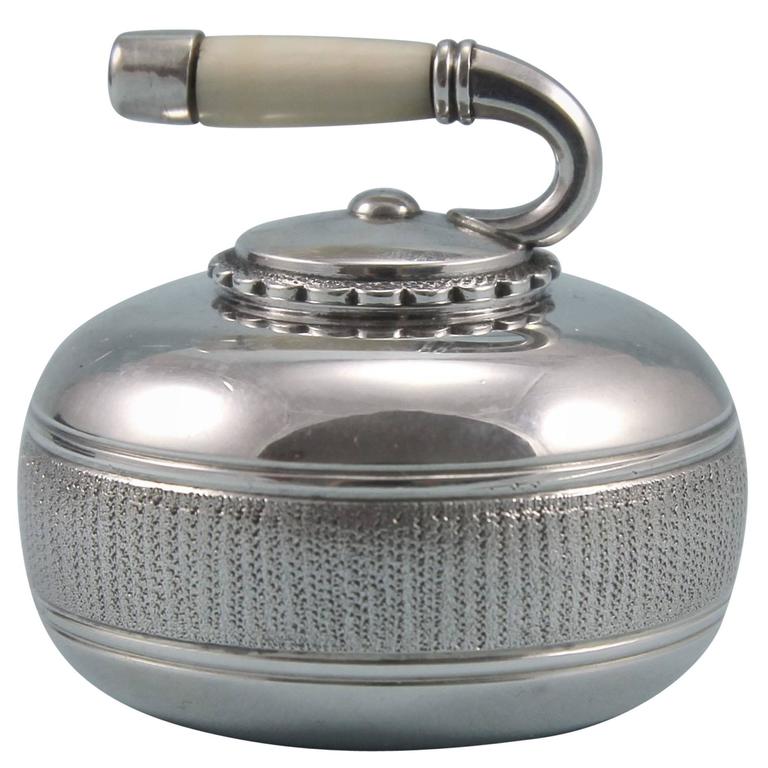 Victorian Cased Novelty Box in the Form of a Curling Stone with Ivory ...