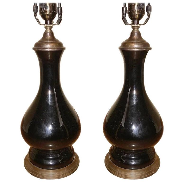 Pair of Electrified Black Glass Lamps For Sale at 1stdibs