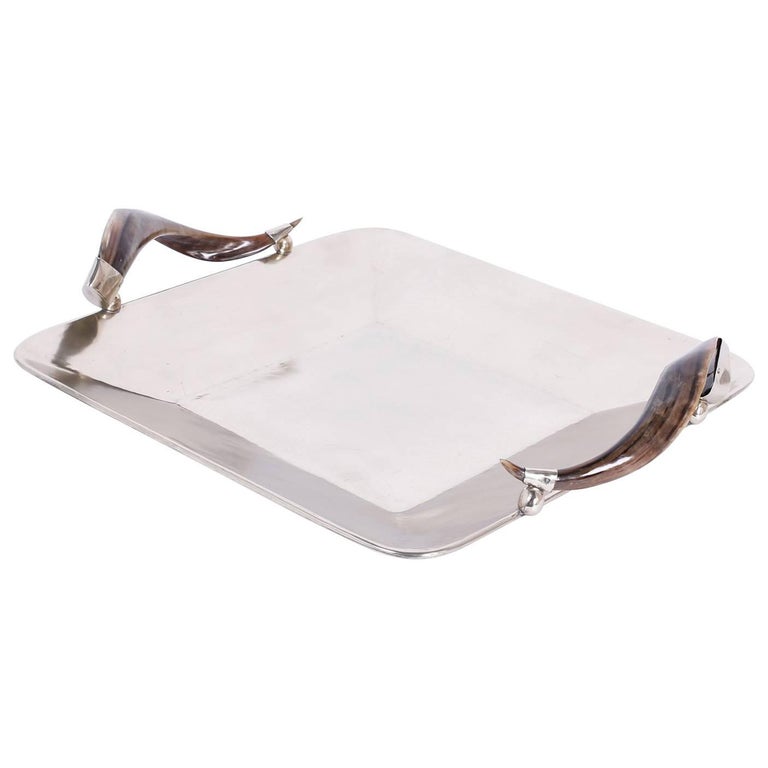 Mid-Century Silver Plated Serving Tray with Steer Horn Handles at 1stDibs