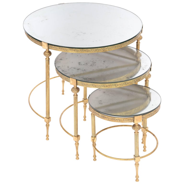 Set of Three Round Nesting Tables with Mirrored Tops at 1stDibs
