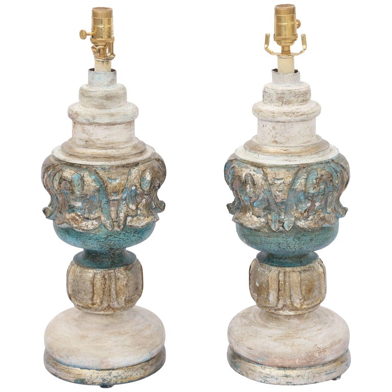Pair of Painted and Parcel Silver Gilt Carved Wood Finial Lamps For ...