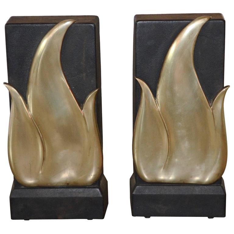 Mid-Century Modern Ward Bennett, Brass and Cast Iron, Flame Andirons ...