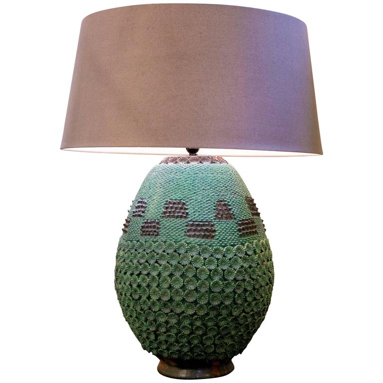 One of a Kind, Large Handmade Mexican Pottery Lamp with Belgian Linen ...