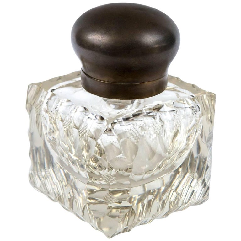 Antique 1890 Large American Cut Crystal Inkwell with Metal Collar/Glass ...