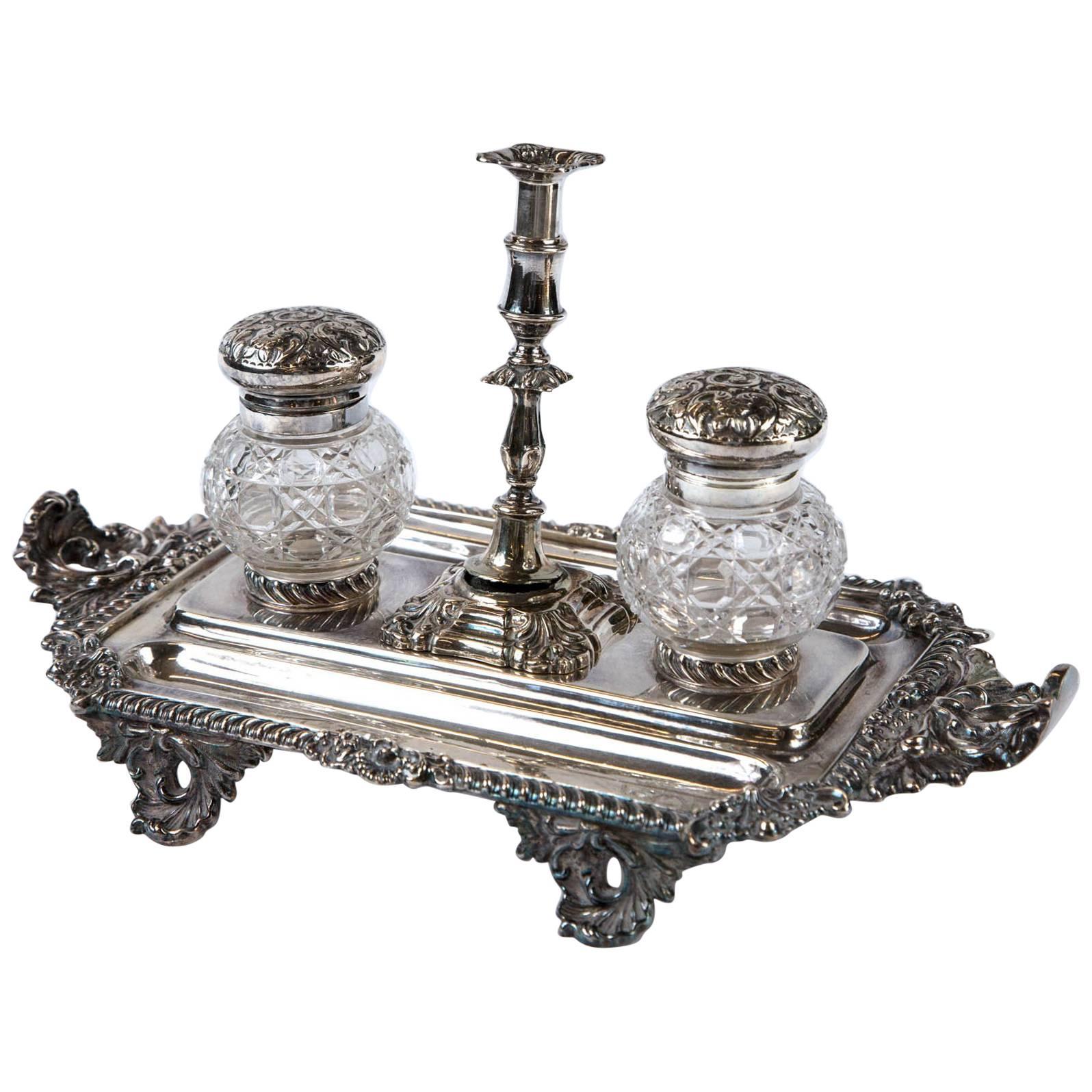 Walker and Hall, SP Inkwell Set, Tray, Crystal Inkwells or Candlestick ...
