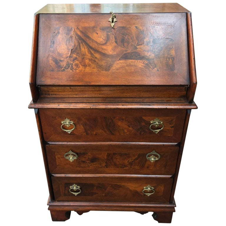 Burl Walnut Slant Front Desk Secretary over Three Drawers, 19th Century ...