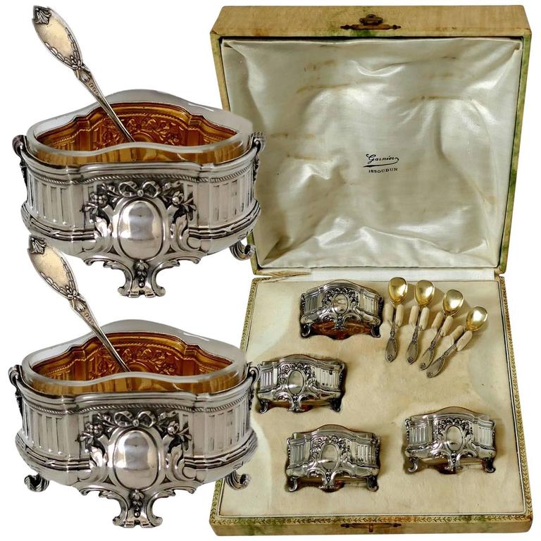 Fabulous French Sterling Silver 18-Karat Gold Four Salt Cellars, Spoons ...