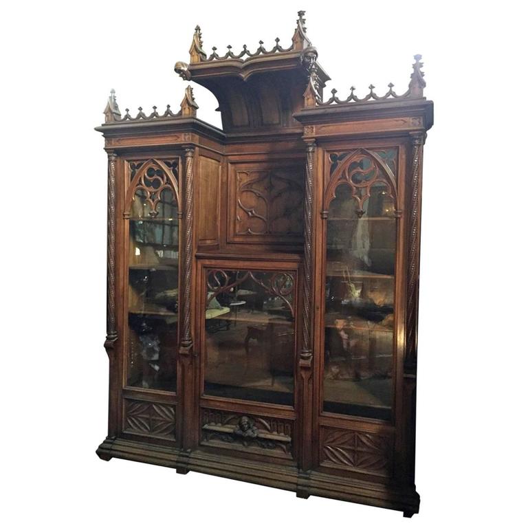 Very Impressive Gothic Revival Carved Mahogany Bookcase For Sale at 1stdibs