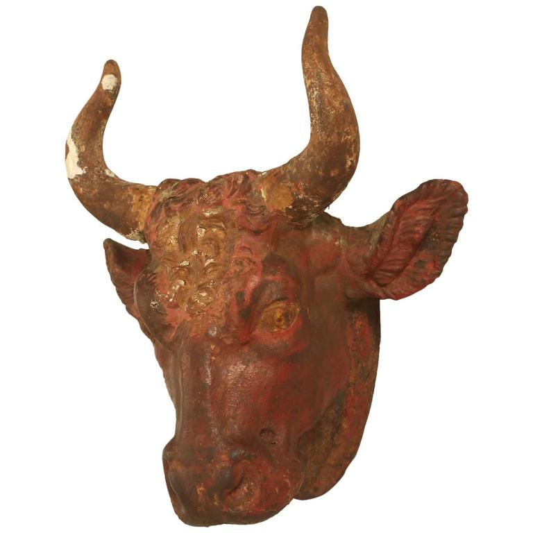 Antique French Cast Iron Steer Head from a Butcher Shop For Sale at 1stdibs