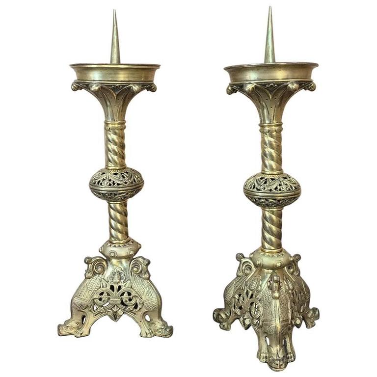 Pair of 19th Century Bronze Gothic Candlesticks at 1stDibs