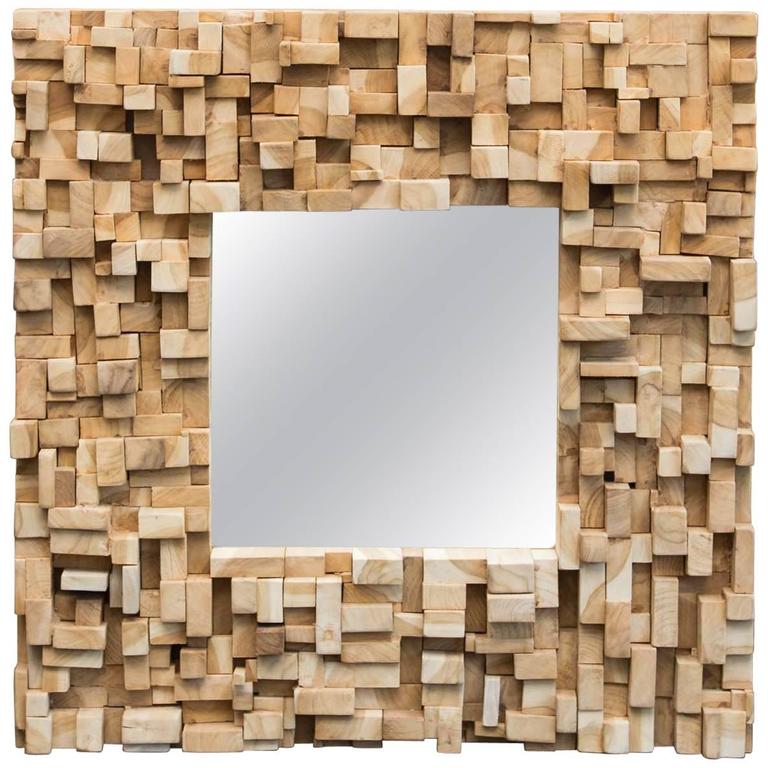 Brutalist Style Custom-Made Wood Block Mirror at 1stDibs