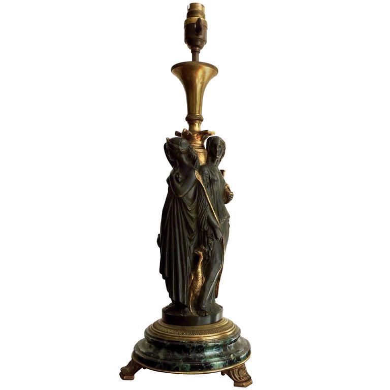 Patinated Bronze and Ormolu Lamp Three Graces Designed on a Green ...
