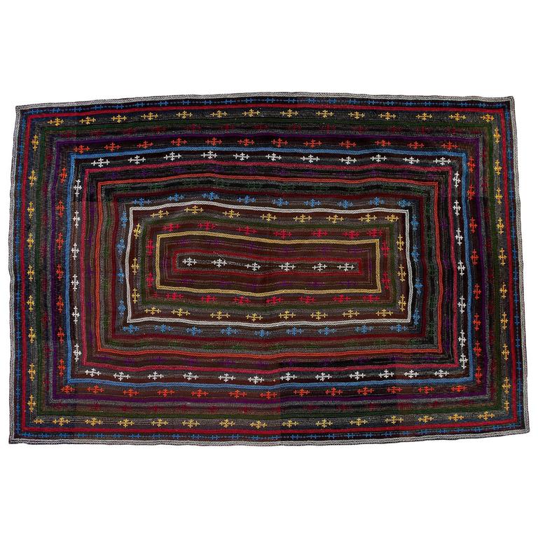 Vintage Pakistani Kantha Throw Blanket with Black Concentric Pattern ...