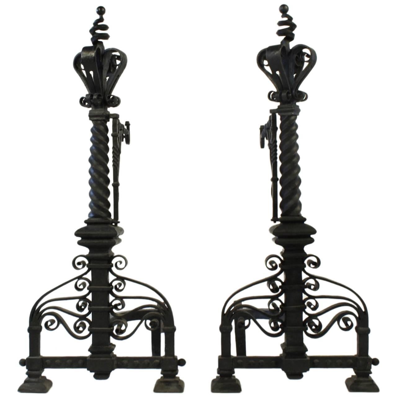 Pair of Very Large Arts and Crafts Wrought Iron Fireplace Andirons ...