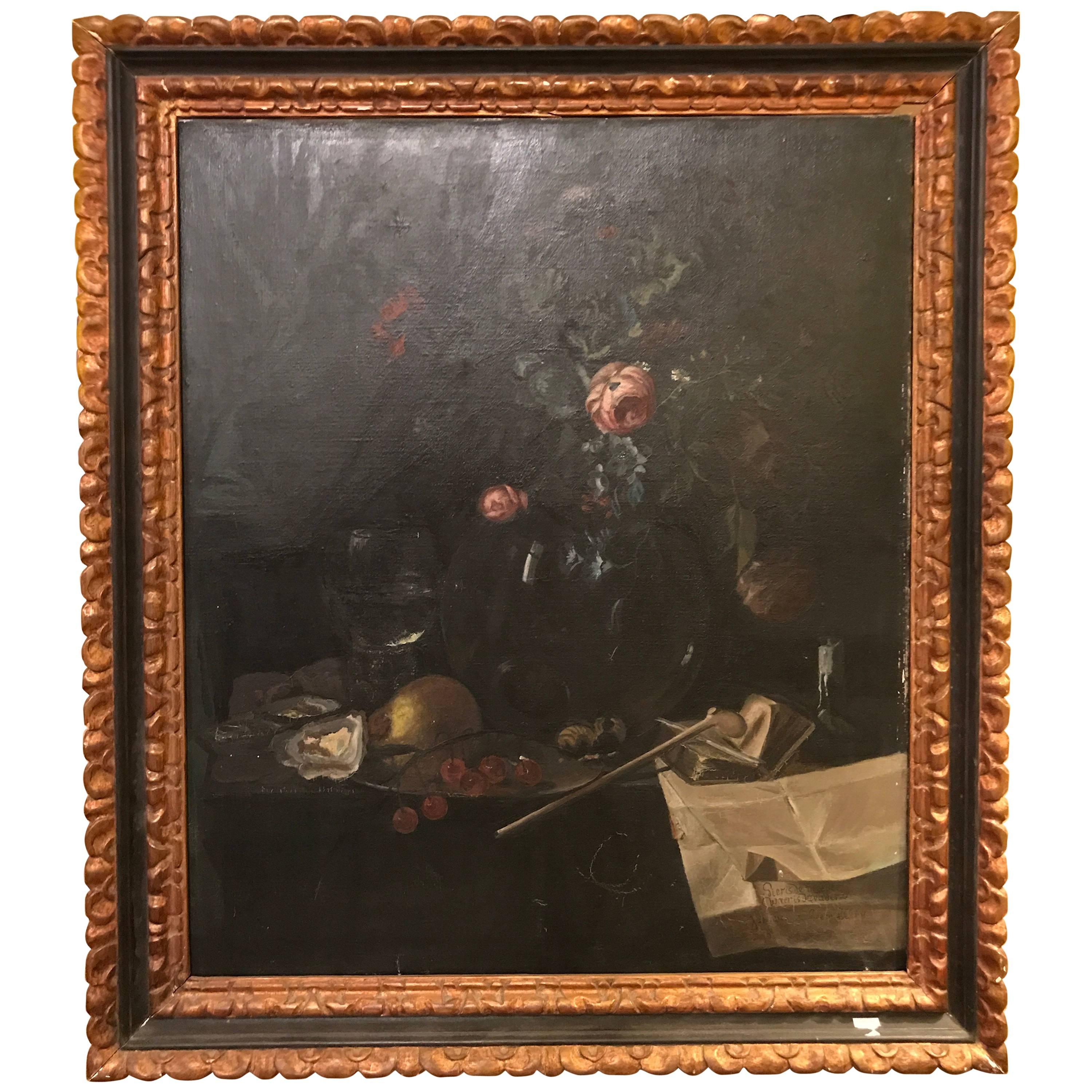 19th Century Oil on Canvas Still Life Signed with Label in an Ebony and ...