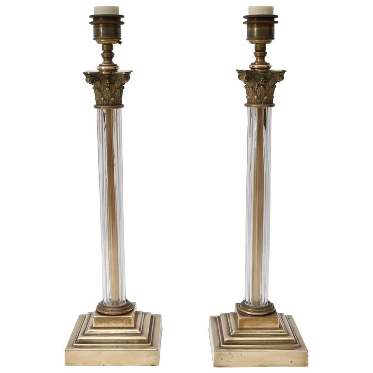 Pair of Bronze and Crystal Column Form Table Lamps For Sale at 1stDibs