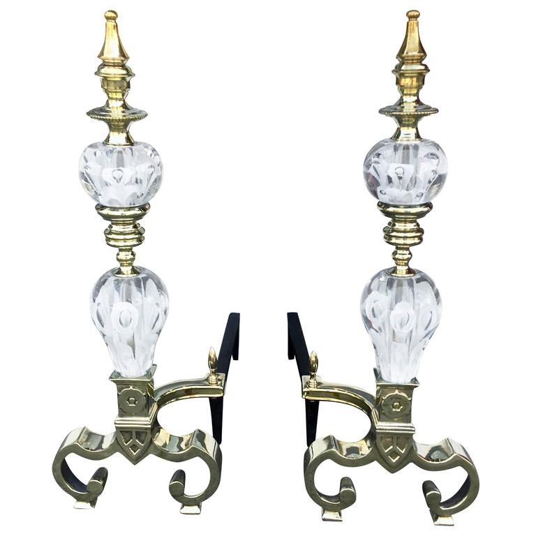 Pair of Santa Clara Andirons Brass with Glass Accents at 1stDibs