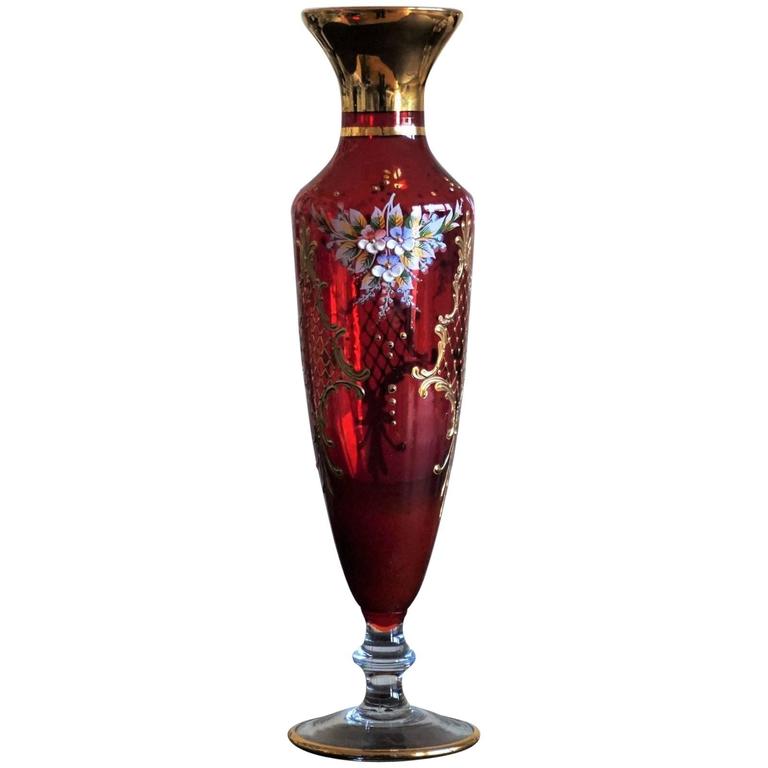 Bohemian Robin Glass Vase 22-Karat Gold Gilted Enameled Decor Floral ...