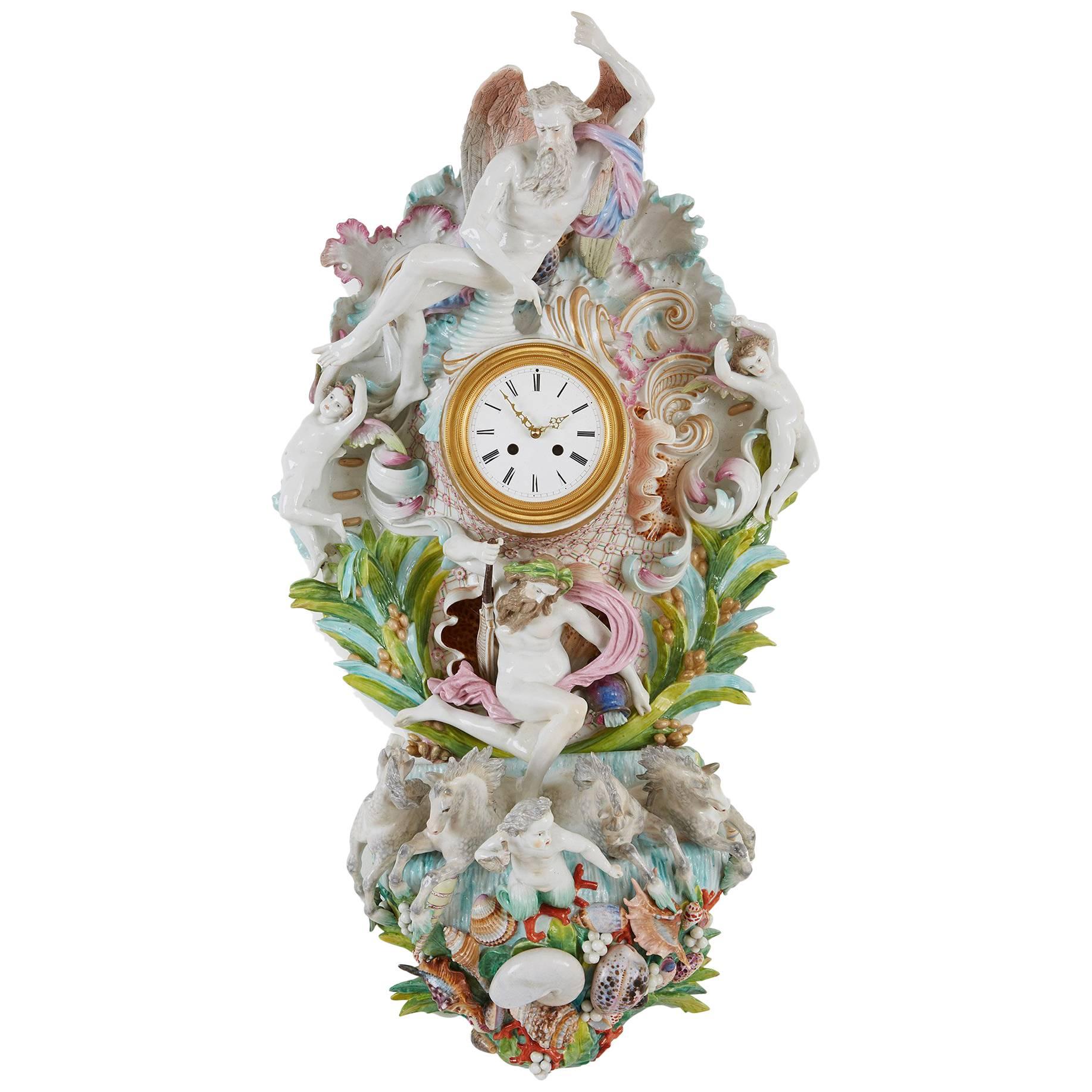 Meissen Style Antique Cartel Clock with Rococo Style Depictions of ...