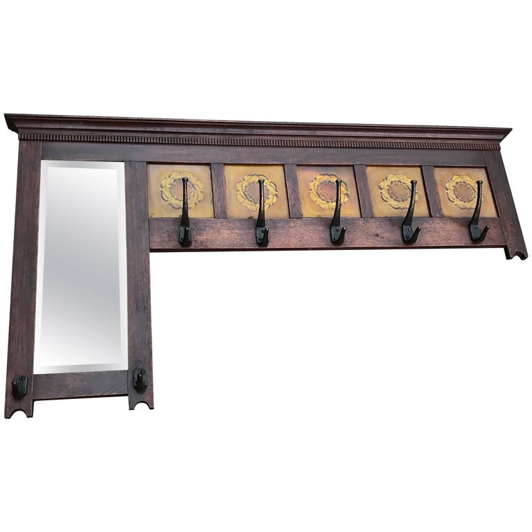 Early 20th Century Arts and Crafts Oak, Mirror and Majolica Glazed ...