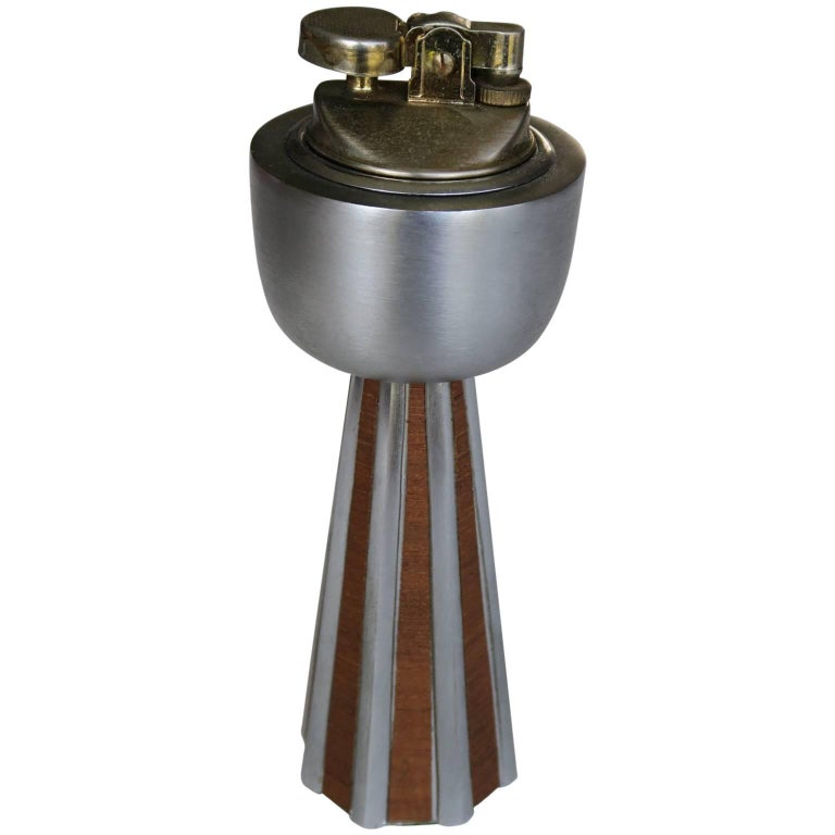 Vintage American Modern Brushed Silver and Wood Table Top Lighter by ...