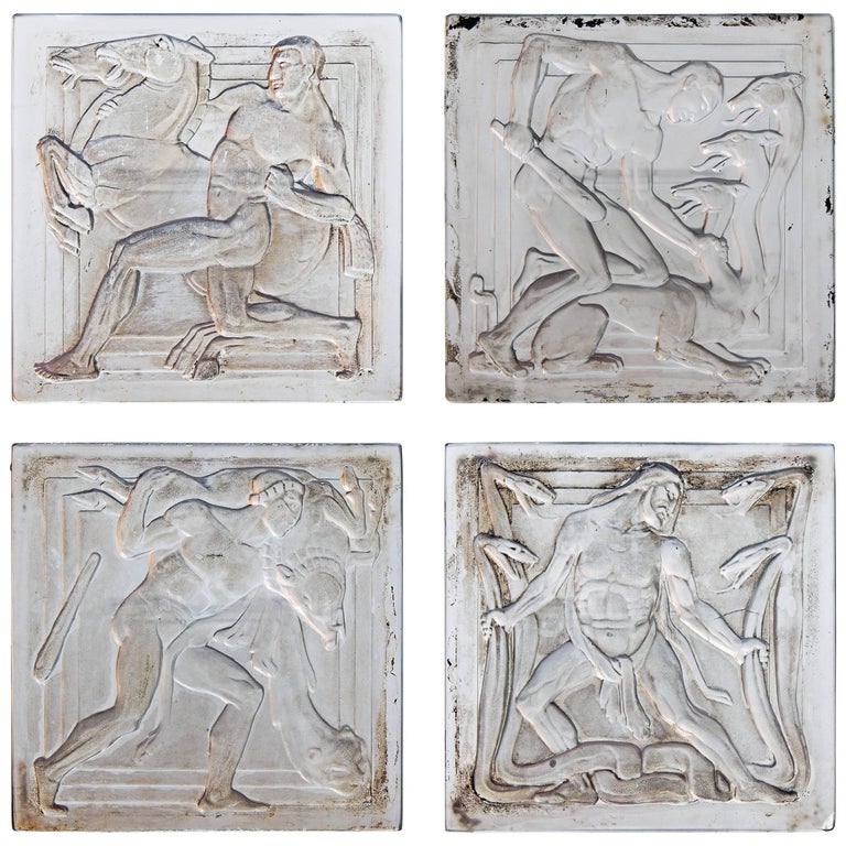 "Labors of Hercules," Set of Four Fabulous Art Deco Glass Panels with ...