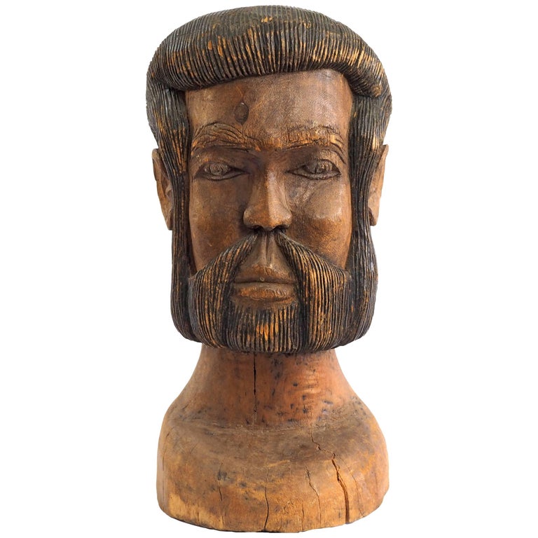 Hand-Carved Folk Art Solid Wood Bust For Sale at 1stDibs