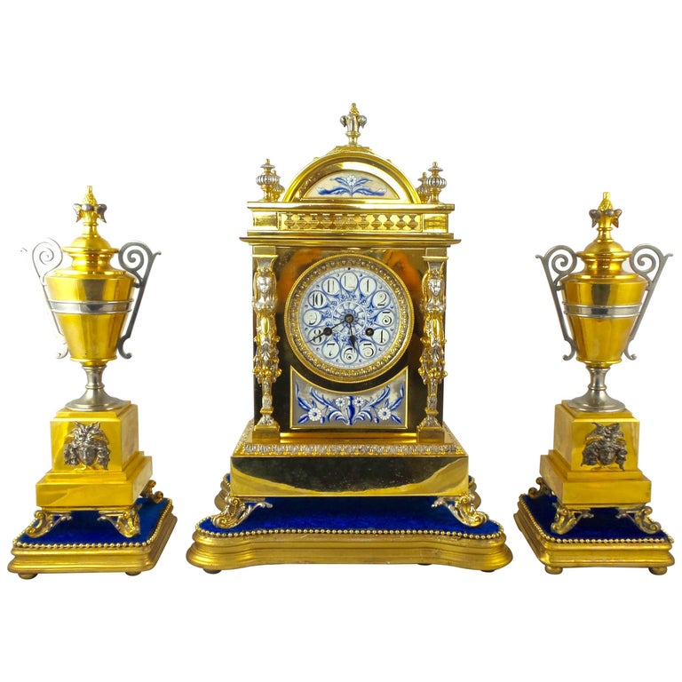 19th Century French Mantel Clock Set Ormolu Bronze and Porcelain ...