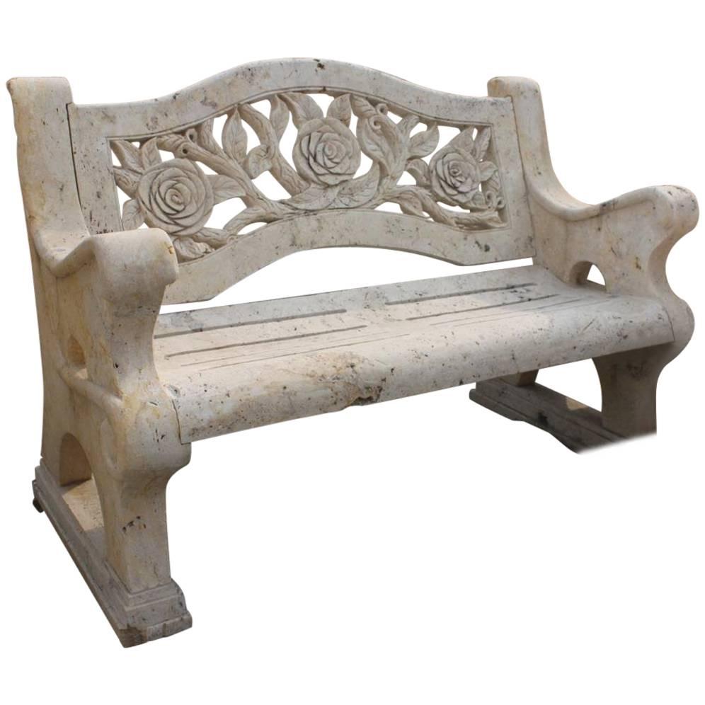 Carved Golden Travertine Stone Period Style Garden Bench For Sale at ...
