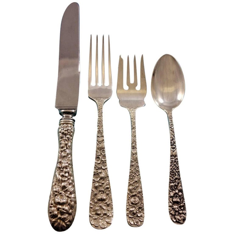 Rose by Stieff Sterling Silver Flatware Set Service 24 Pieces Repousse ...