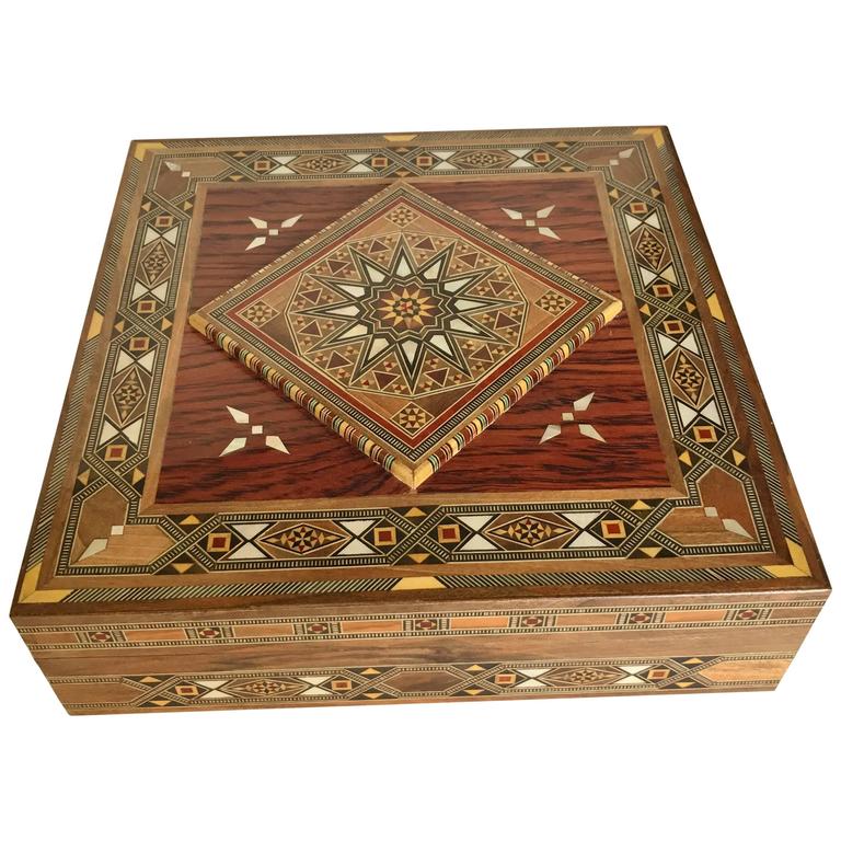 Syrian Walnut Wood Box Inlaid with Mother-of-Pearl, Cream Leather ...