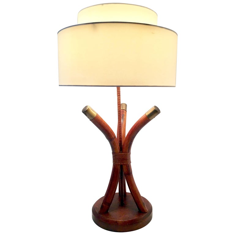 Mid-Century Rattan and Brass Leather Wrap Lamp By Ficks Reed at 1stDibs