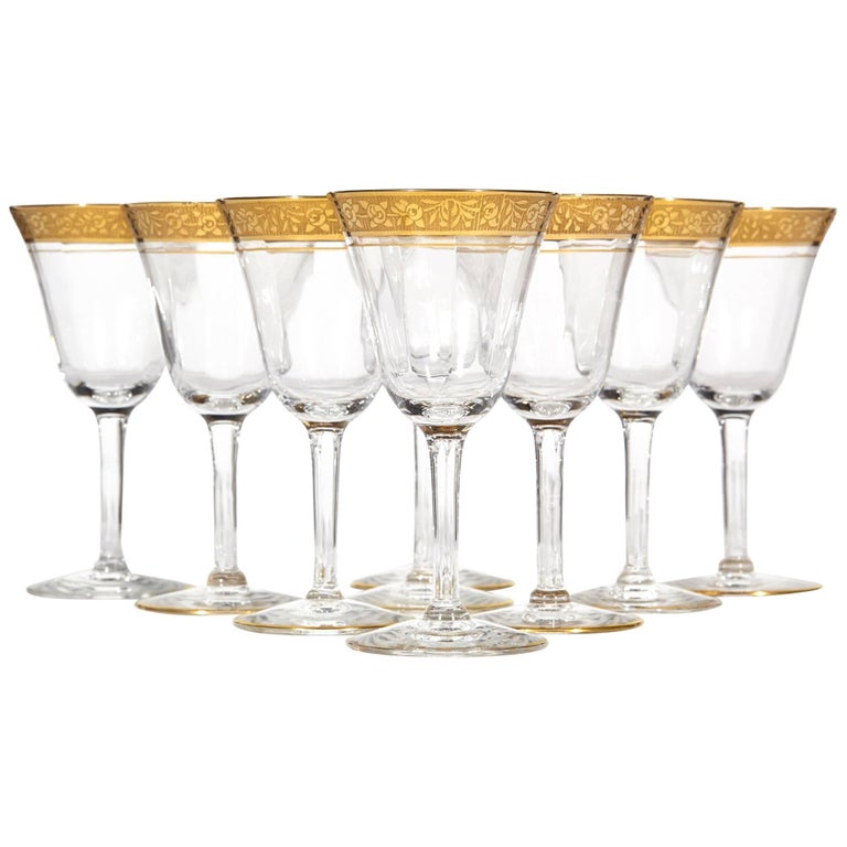 Art Deco Tiffin Glass Floral Gold Rim Wine Stems, Set of Nine For Sale ...