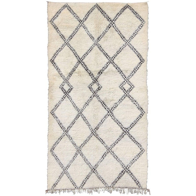 Large White Background Vintage Beni Ourain Moroccan Rug with Charcoal ...