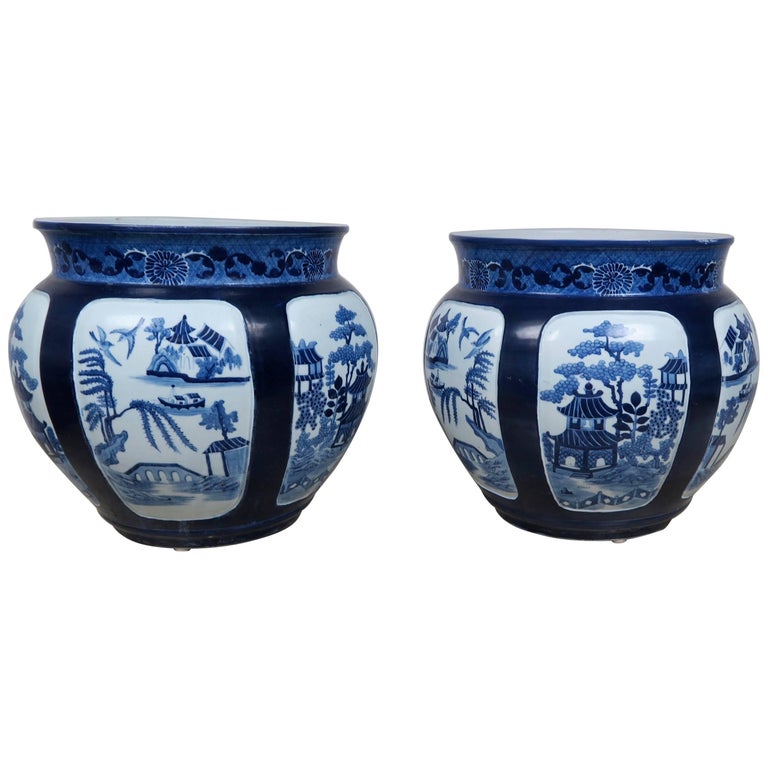 Pair of Blue and White Chinese Planters at 1stDibs
