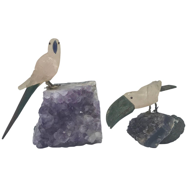 1960s Parrot and Toucan Quartz Bird Sculpture, Pair at 1stDibs