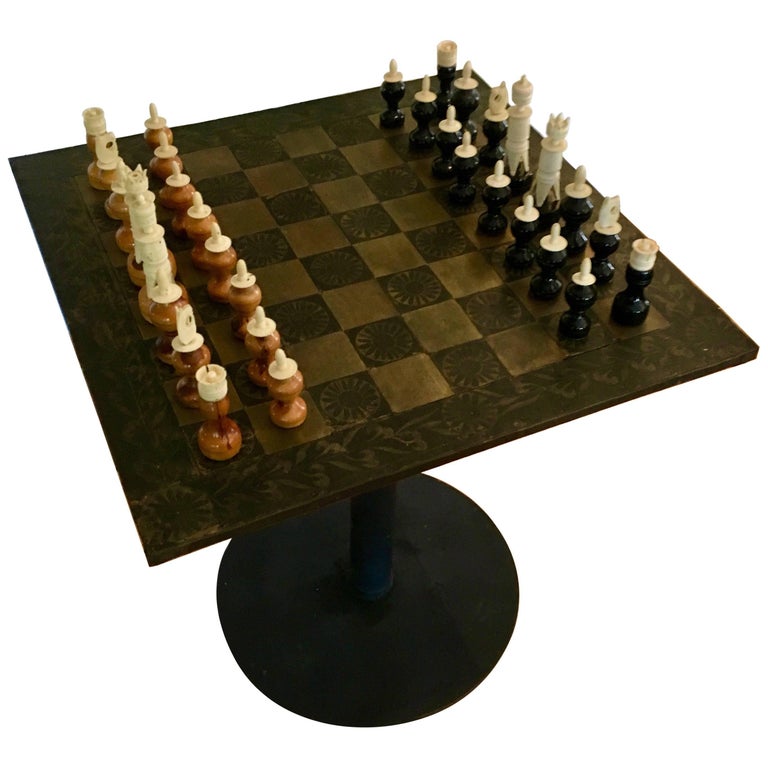 Metal Mexican Chess Board Table with Hand-Carved Wooden Chess Men at ...