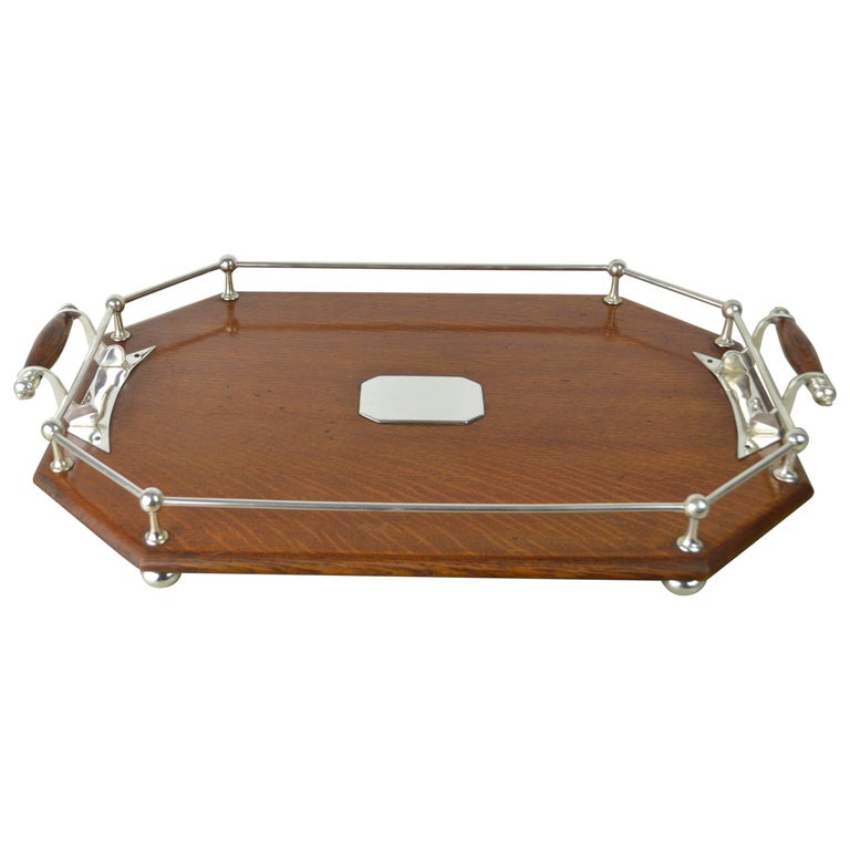 Antique Oak and Silver Plate Gallery Tray, English, circa 1910 at 1stDibs