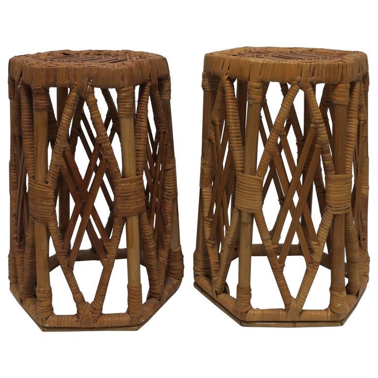 Pair of Vintage Hexagon Rattan Wicker Side Tables at 1stDibs