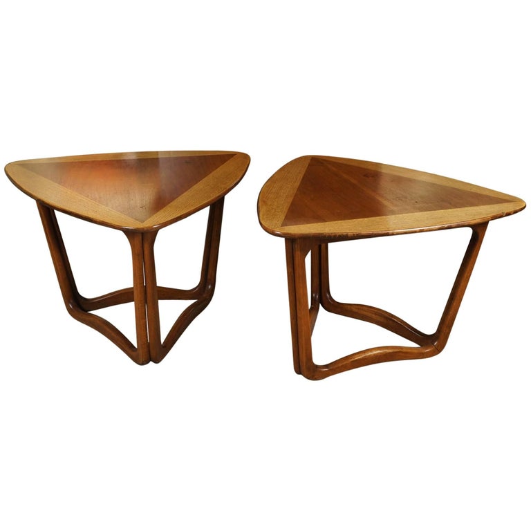 Pair of Wood Base Glass Triangular Top Tables at 1stdibs
