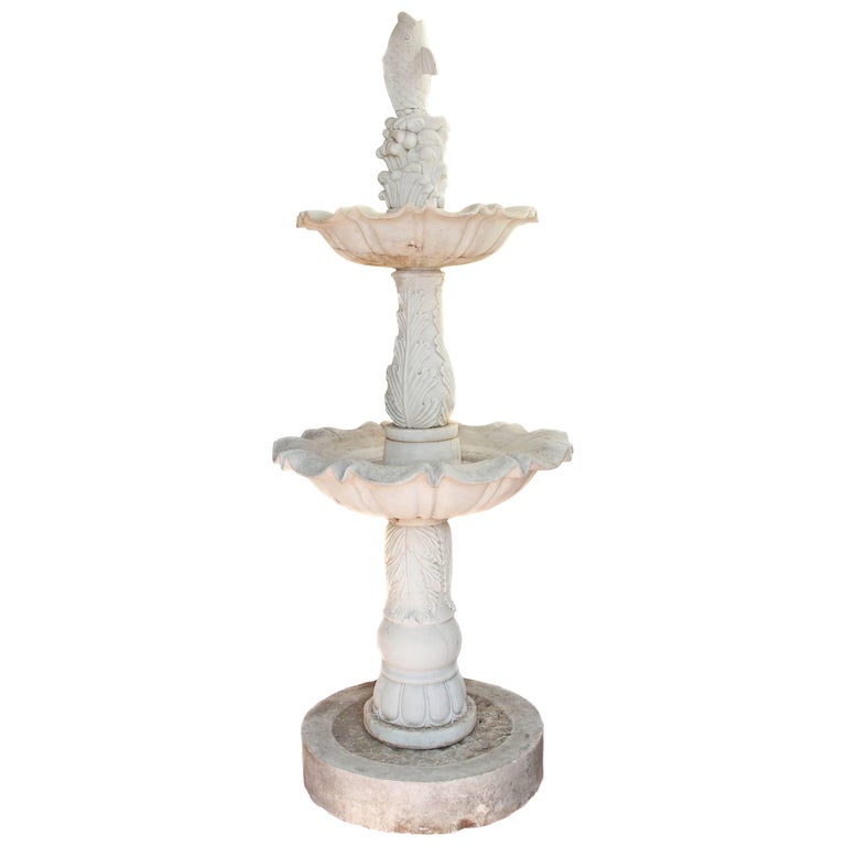 Two-Tiered Fountain of White Marble with Spitting Fish / Carp at 1stDibs