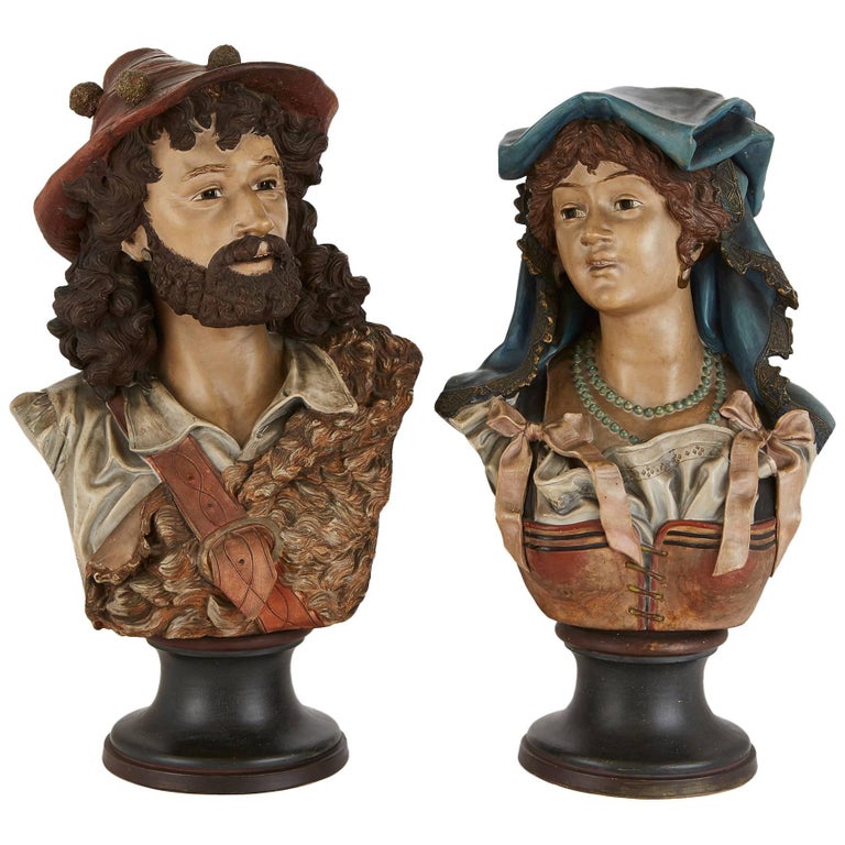 Pair of Antique Tyrolean Terracotta Busts of a Bavarian Man and Woman ...