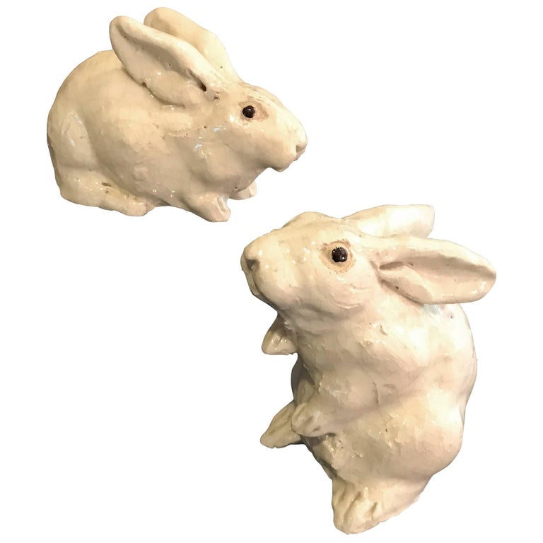 Japan Lovable Pair of Pure White Rabbits with Fine Craquelure Glazing ...