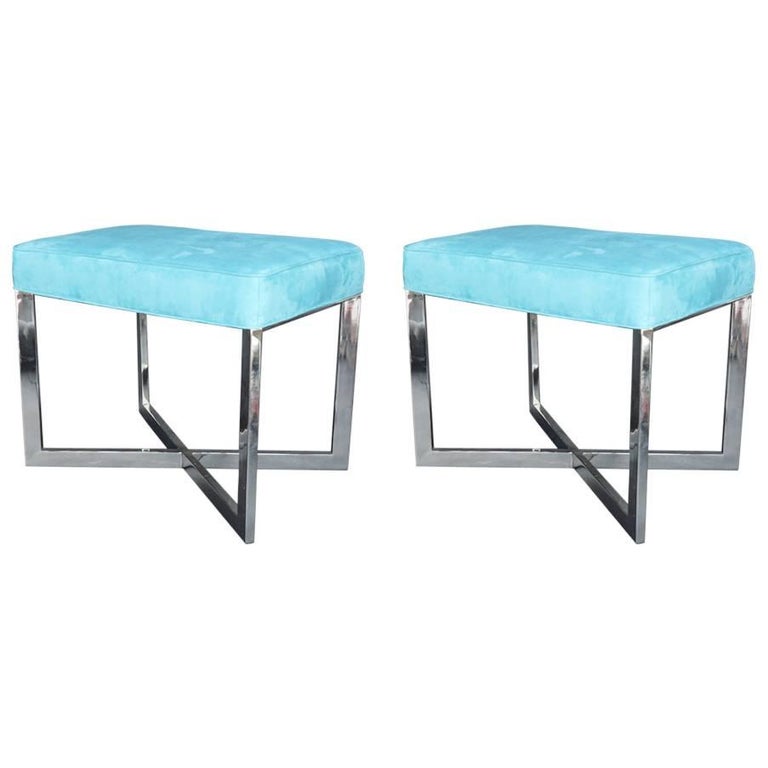 Pair of Blue Suede and Nickel-Plated Stools at 1stDibs