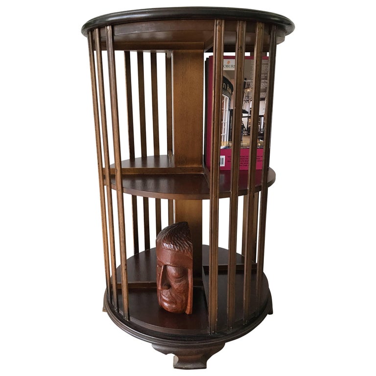 Vintage Cylindrical Shape Wooden Revolving Bookcase Table Stand, Inlaid ...