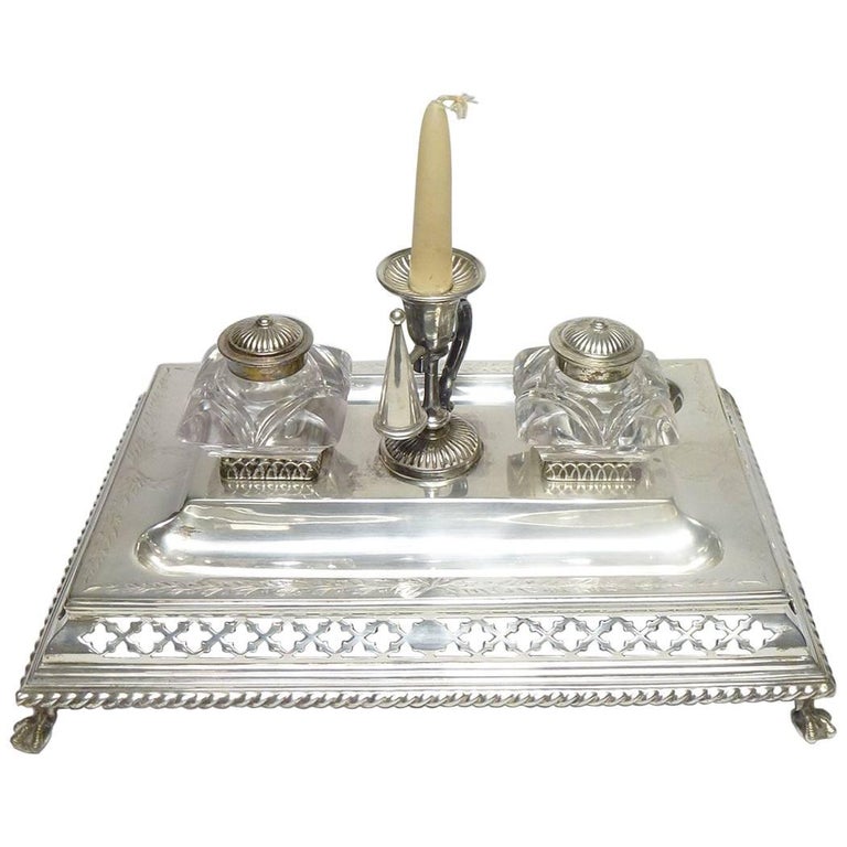 English Victorian Sheffield Silver Plate Inkstand For Sale at 1stDibs