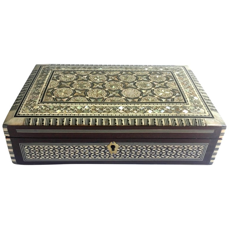 Mother-of-Pearl Jewelry Box, Inlaid Box with Key For Sale at 1stDibs