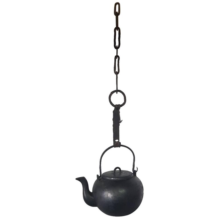 1900 Cast Iron Fire Place Water Kettle with Chain at 1stDibs