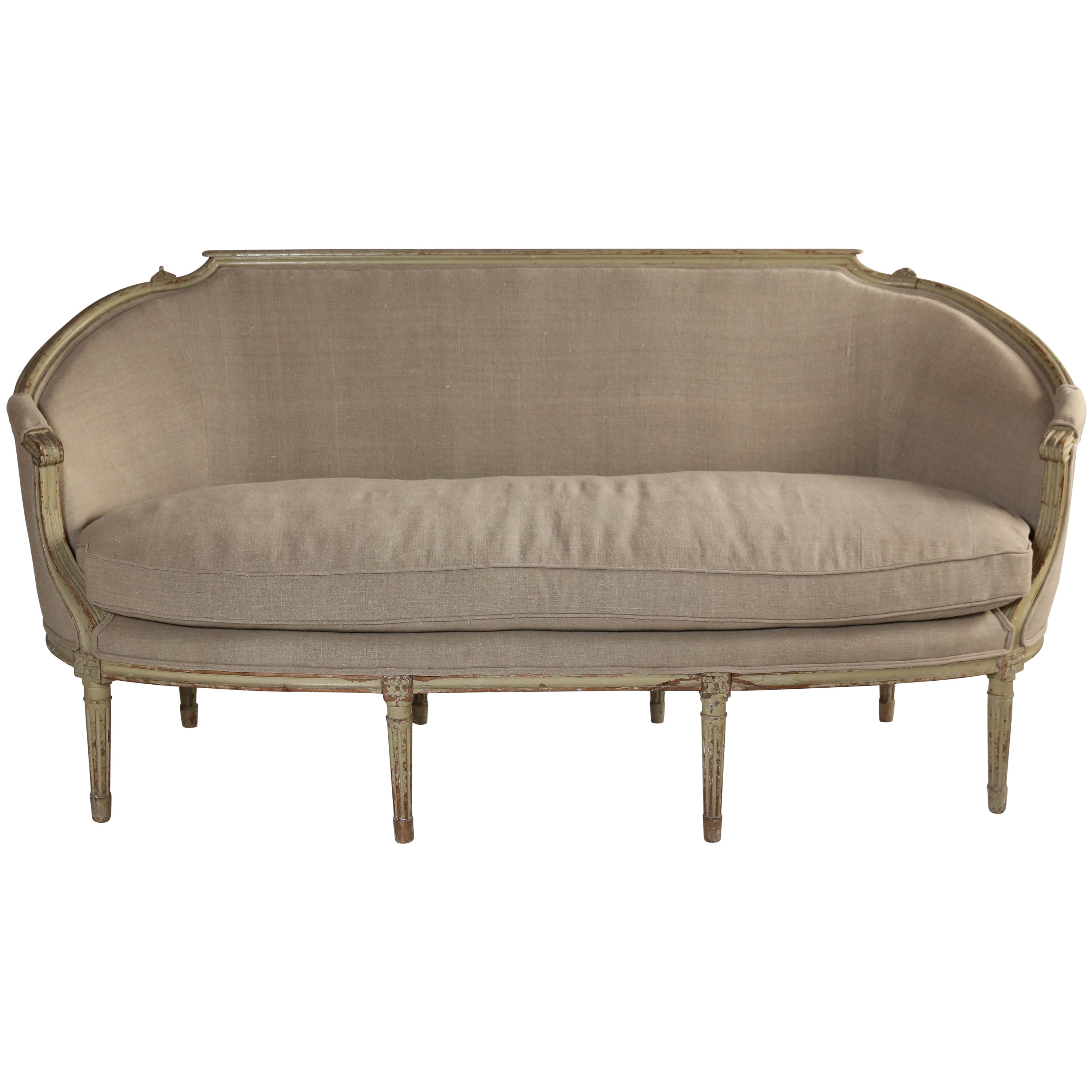 Antique Settee Bench Upholstered in Organic Natural Linen with Nail ...