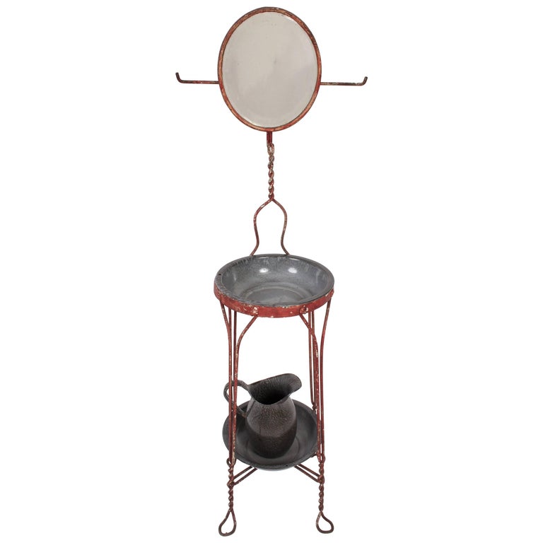Circa 1900 Red Metal Wire "Twist " Two Tier Shaving Stand with Beveled ...